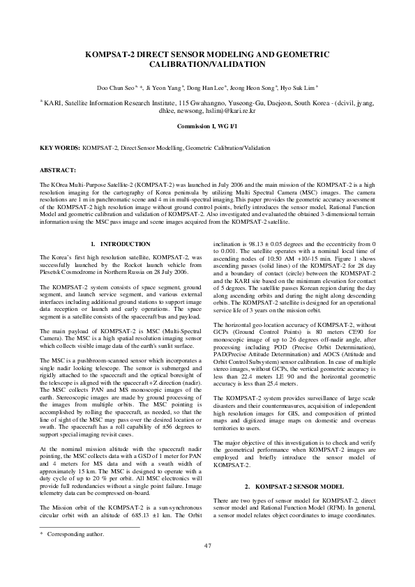 (PDF) KOMPSAT-2 Direct Sensor Modeling and Geometric Calibration/Validation