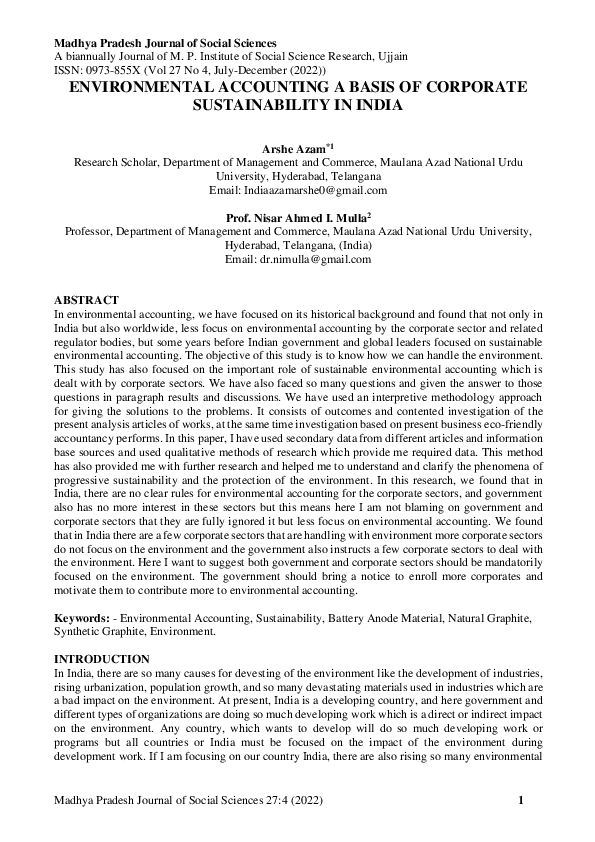 (PDF) ENVIRONMENTAL ACCOUNTING A BASIS OF CORPORATE SUSTAINABILITY IN INDIA