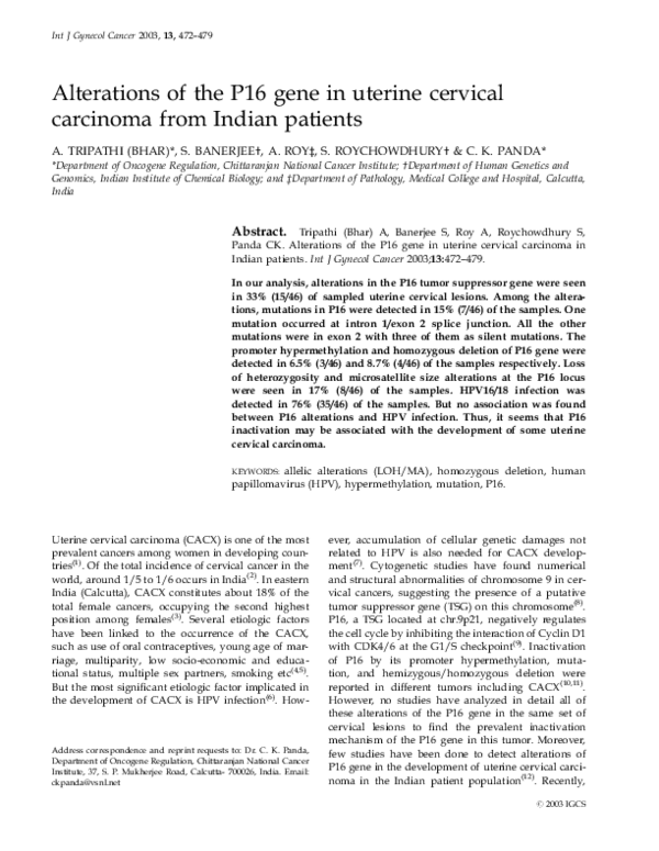 (PDF) Alterations of the P16 gene in uterine cervical carcinoma from ...