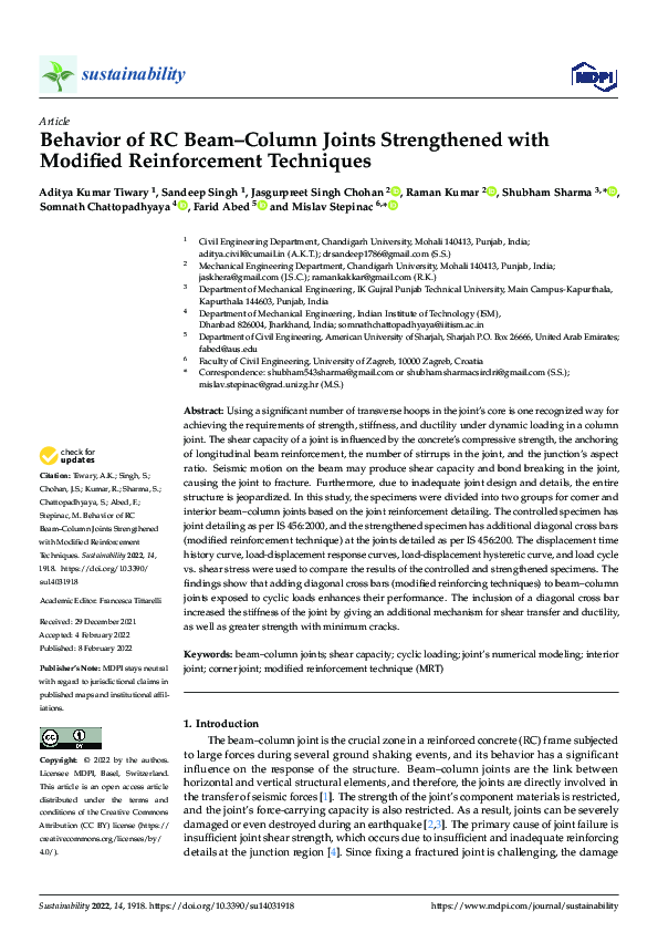 (PDF) Behavior of RC Beam–Column Joints Strengthened with Modified Reinforcement Techniques