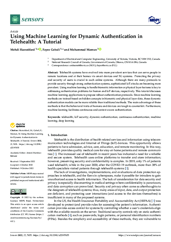 (PDF) Using Machine Learning for Dynamic Authentication in Telehealth: A Tutorial