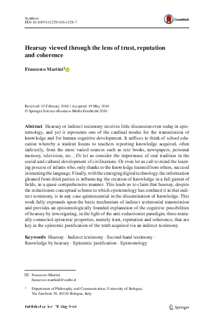 (PDF) Hearsay viewed through the lens of trust, reputation and coherence