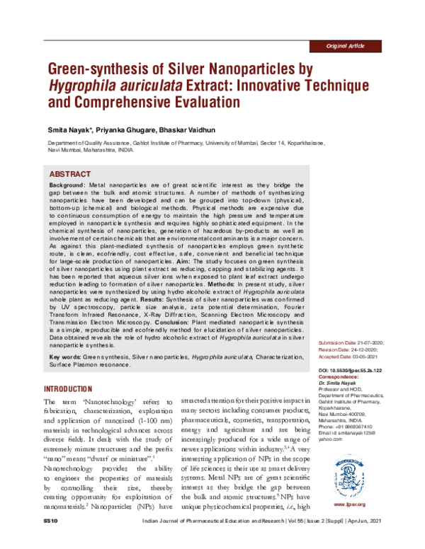 (PDF) Green-synthesis of Silver Nanoparticles by Hygrophila auriculata Extract: Innovative ...