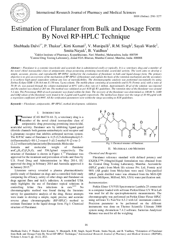 (PDF) Estimation of Fluralaner from Bulk and Dosage Form By Novel RP ...