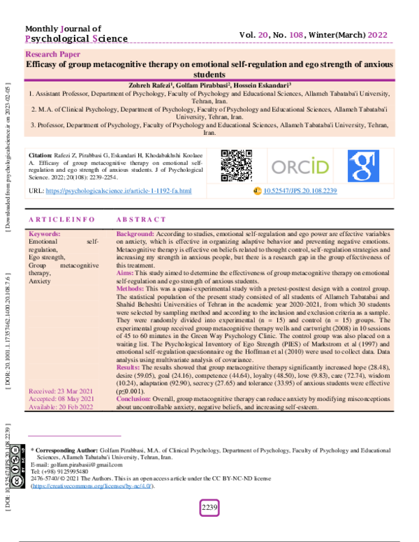 (PDF) Efficasy of group metacognitive therapy on emotional self-regulation and ego strength of ...