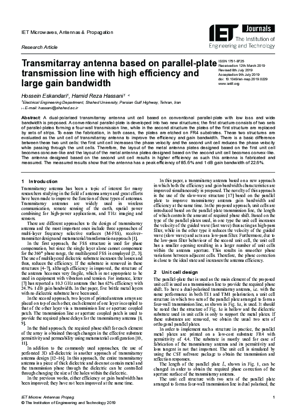 (PDF) Transmitarray Antenna Based on Parallel-plate Transmission Line ...