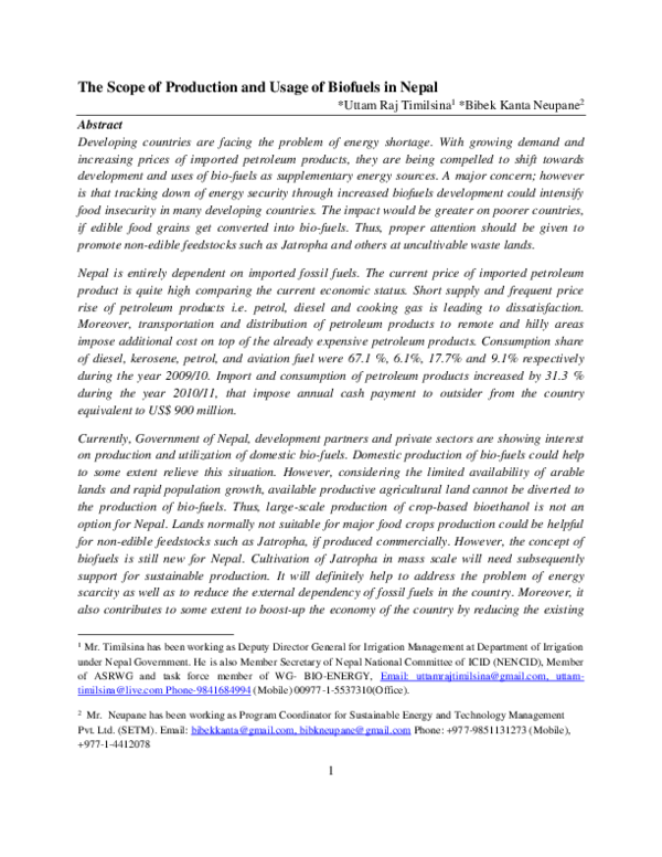 (PDF) The Scope of Production and Usage of Biofuels in Nepal