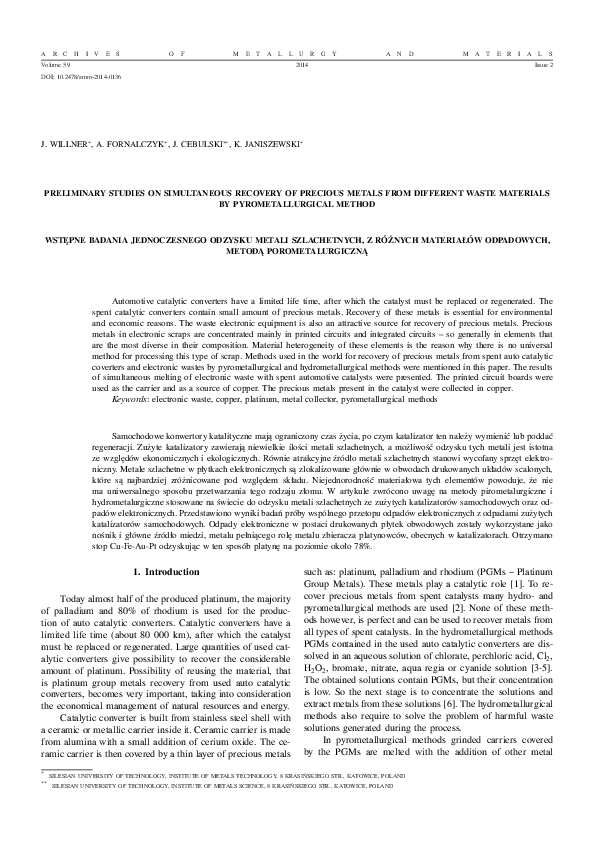 (PDF) Preliminary Studies on Simultaneous Recovery of Precious Metals from Different Waste ...