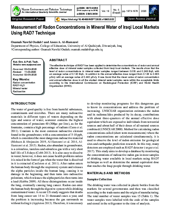 (PDF) Measurement of Radon Concentrations in Mineral Water of Iraqi ...