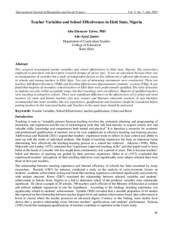 (PDF) Teacher Variables and School Effectiveness in Ekiti State, Nigeria