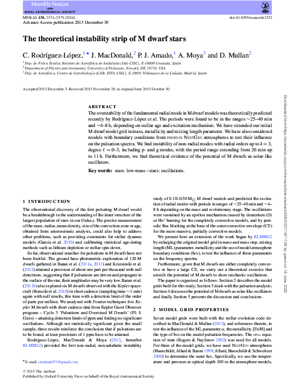 (PDF) The theoretical instability strip of M dwarf stars