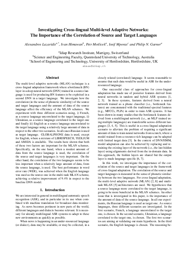 (PDF) Investigating Cross-lingual Multi-level Adaptive Networks: The Importance of the ...