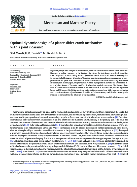 (PDF) Optimal dynamic design of a planar slider-crank mechanism with a joint clearance