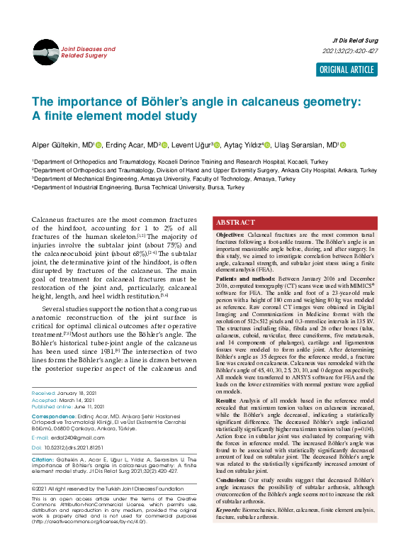(PDF) The importance of Böhler’s angle in calcaneus geometry: A finite ...