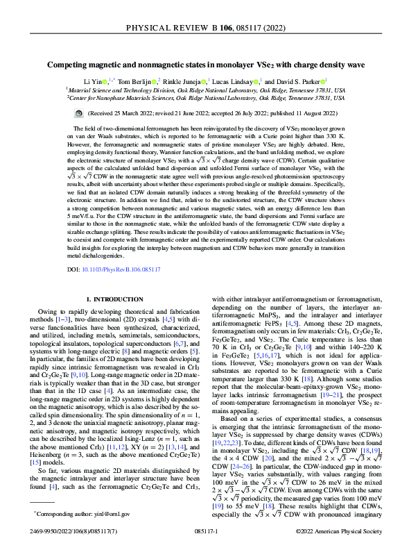 (PDF) Competing magnetic and nonmagnetic states in monolayer VSe2 with ...