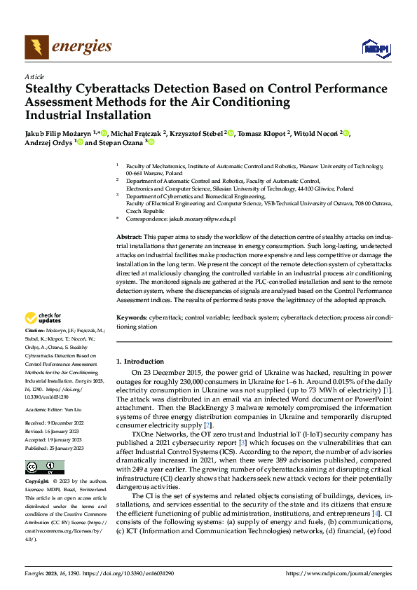 Pdf Stealthy Cyberattacks Detection Based On Control Performance Assessment Methods For The