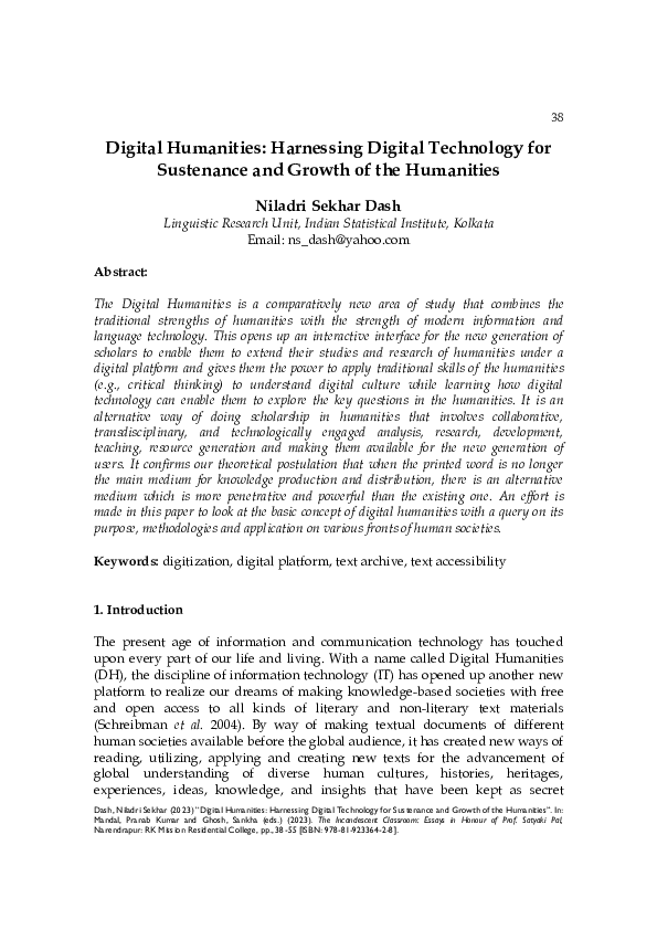(PDF) Digital Humanities: Harnessing Digital Technology for Sustenance ...