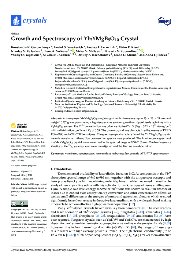 (PDF) Growth and Spectroscopy of Yb:YMgB5O10 Crystal