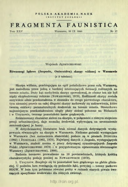 (PDF) Równonogi lądowe (Isopoda, Oniscoidea) skarpy wiślanej w Warszawie