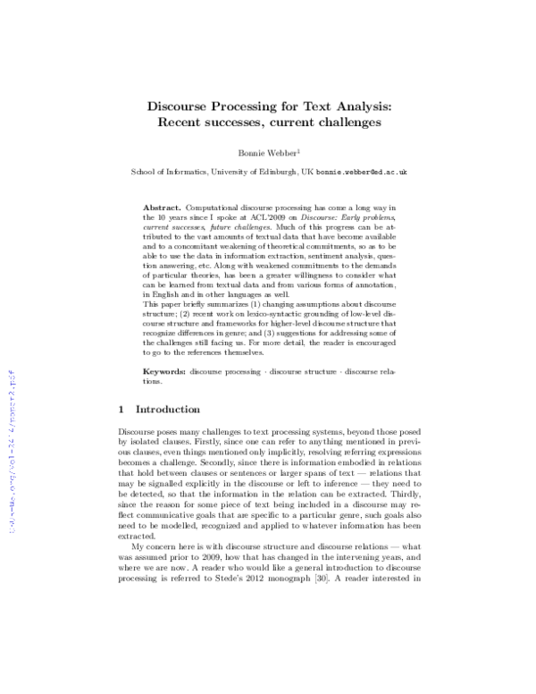 (PDF) Discourse Processing for Text Analysis: Recent Successes, Current ...