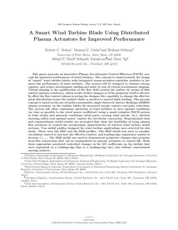 (PDF) A Smart Wind Turbine Blade Using Distributed Plasma Actuators for ...