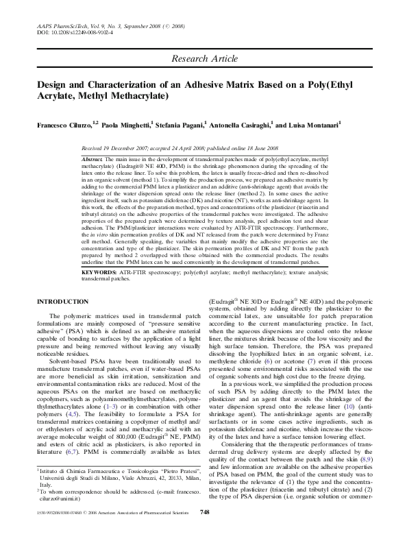 (PDF) Design and Characterization of an Adhesive Matrix Based on a Poly ...