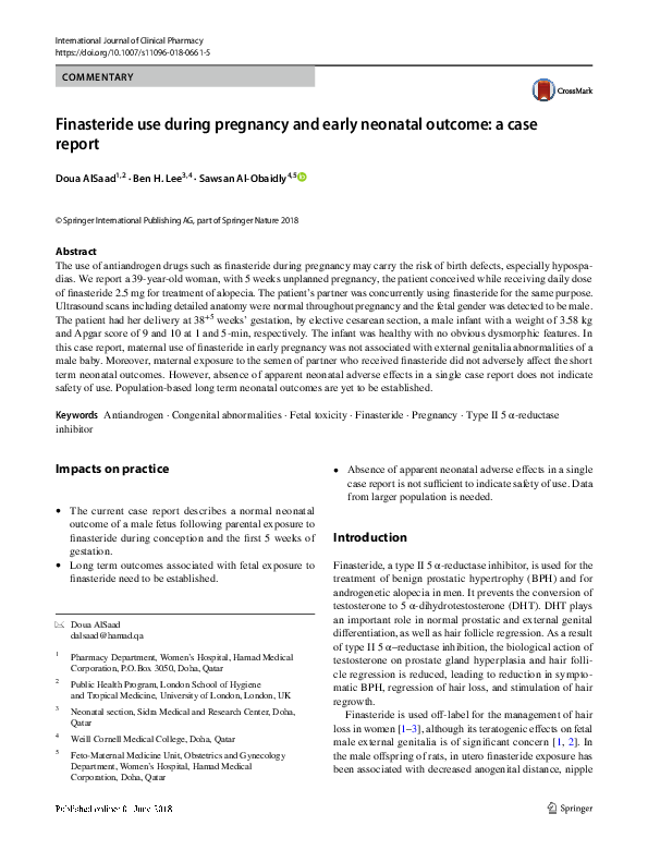(PDF) Finasteride use during pregnancy and early neonatal outcome: a ...