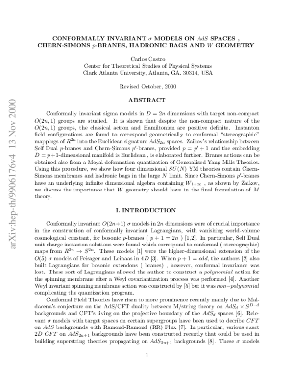 (PDF) CONFORMALLY INVARIANT σ MODELS ON AdS SPACES , CHERN-SIMONS p ...