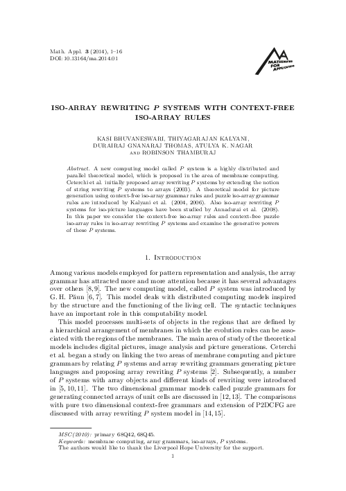 Pdf Iso Array Rewriting P Systems With Context Free Iso Array Rules Gnanaraj Thomas