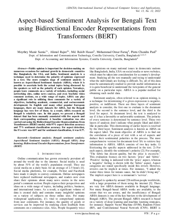 (PDF) Aspect-based Sentiment Analysis for Bengali Text using Bidirectional Encoder ...