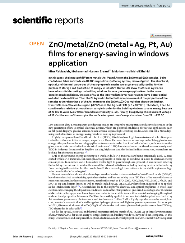 (PDF) ZnO/metal/ZnO (metal = Ag, Pt, Au) films for energy-saving in ...