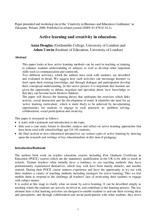 (PDF) Active Learning and Creativity in Education