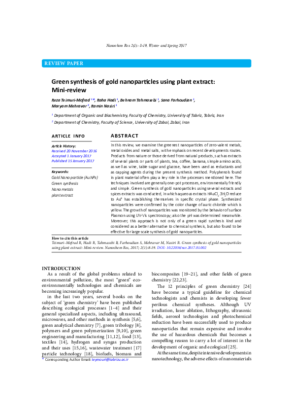 (PDF) Green synthesis of gold nanoparticles using plant extract: Mini-review