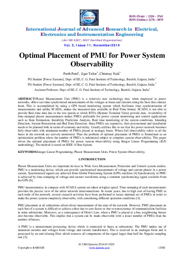 (PDF) Optimal Placement of PMU for Power SystemObservability