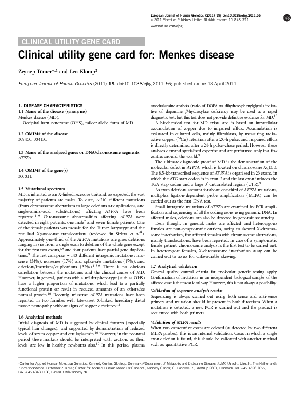 (PDF) Clinical utility gene card for: Menkes disease