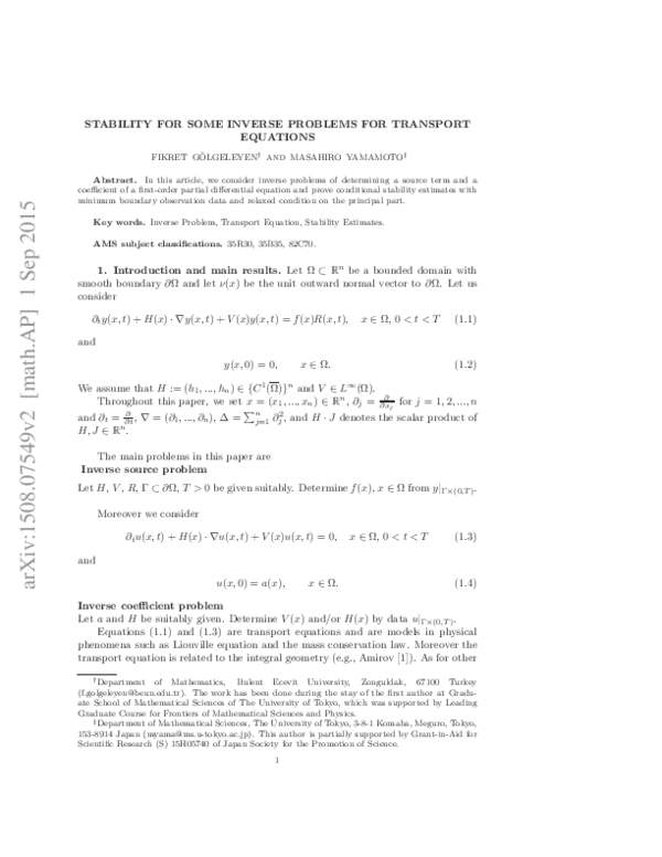 (PDF) Stability for Some Inverse Problems for Transport Equations