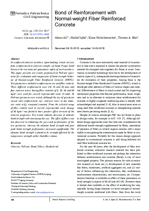 (PDF) Bond of Reinforcement with Normal-weight Fiber Reinforced Concrete