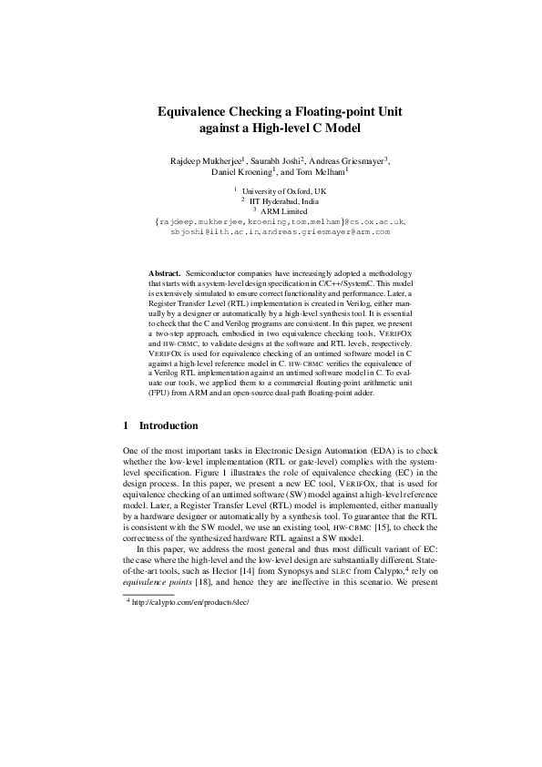 Pdf Equivalence Checking Of A Floating Point Unit Against A High Level C Model