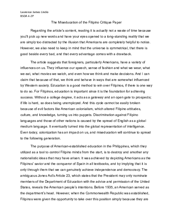 (DOC) The Miseducation of the Filipino Critique Paper