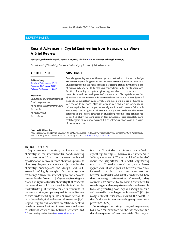 (PDF) Recent Advances in Crystal Engineering from Nanoscience Views: A Brief Review