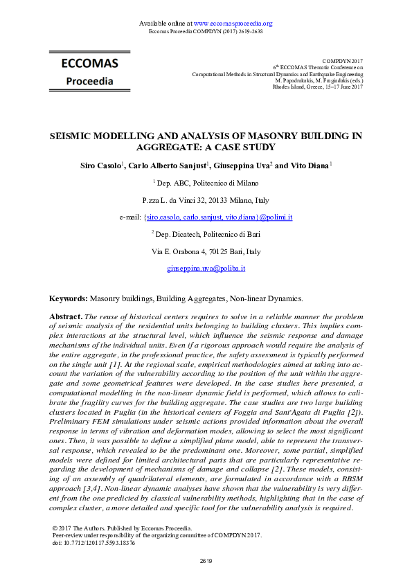 Pdf Seismic Analysis Of Masonry Buildings In Historic Clusters