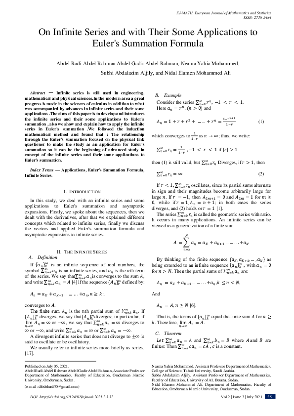 (PDF) On Infinite Series and with Their Some Applications to Euler's ...