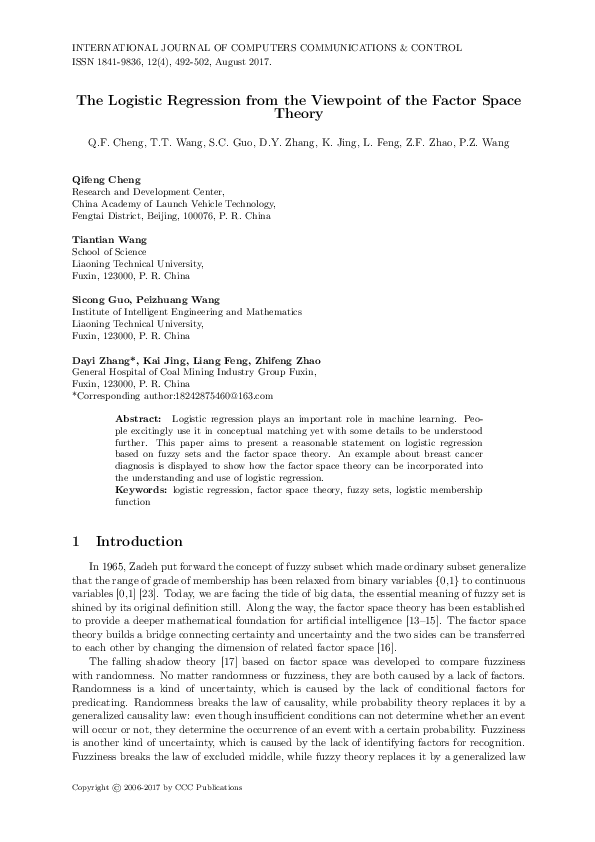 (PDF) The Logistic Regression from the Viewpoint of the Factor Space Theory
