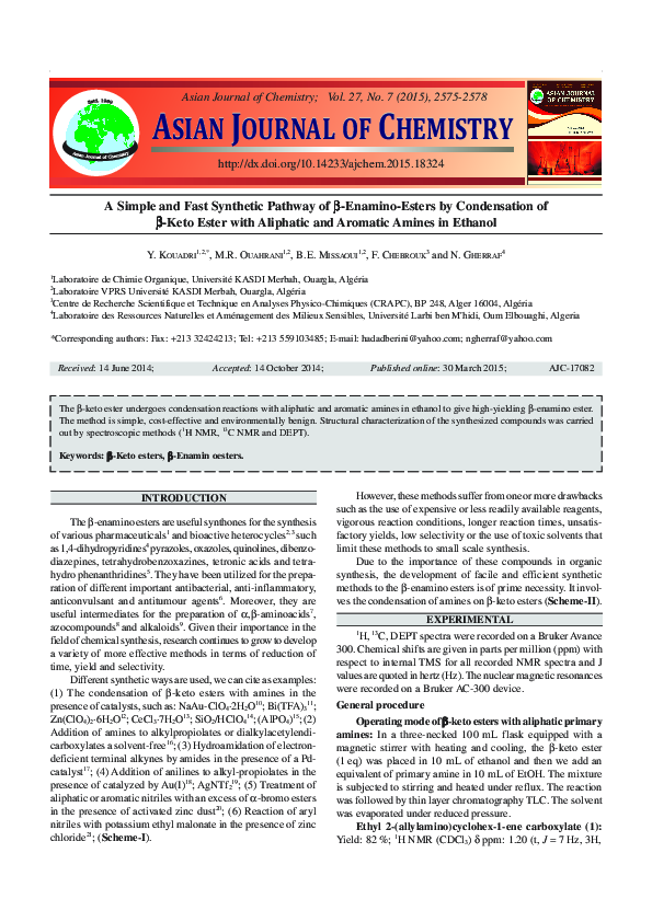 (PDF) A Simple and Fast Synthetic Pathway of [Beta]-Enamino-Esters by ...