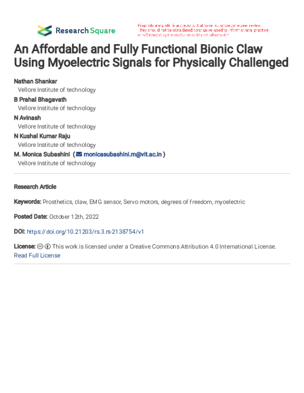 (PDF) An Affordable and Fully Functional Bionic Claw Using Myoelectric ...
