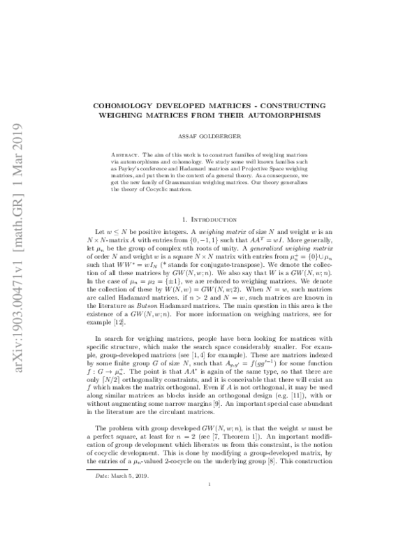 (PDF) Cohomology Developed Matrices - constructing weighing matrices from their automorphisms