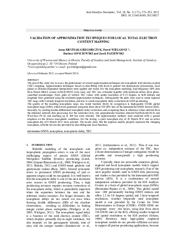 (PDF) Validation of Approximation Techniques for Local Total Electron ...