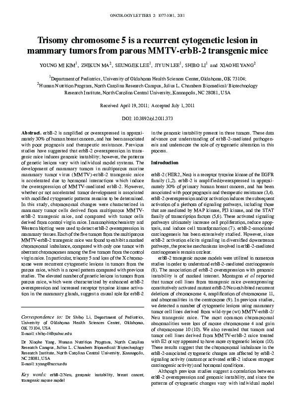 (PDF) Trisomy chromosome 5 is a recurrent cytogenetic lesion in mammary ...