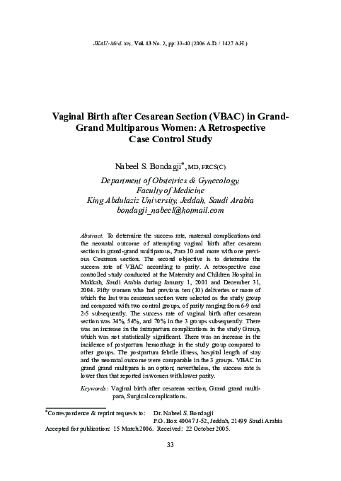 (PDF) Vaginal Birth after Cesarean Section (VBAC) in Grand-Multiparous Women: A Retrospective ...