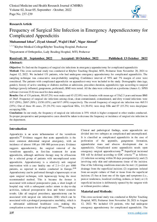 (PDF) Frequency of Surgical Site Infection in Emergency Appendicectomy ...